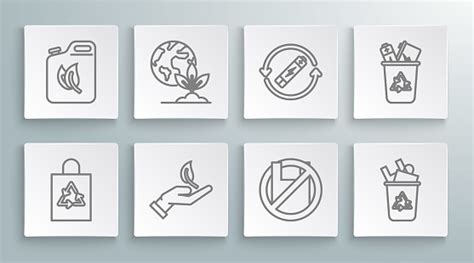 재활용 플라스틱 봉지 환경 보호의 손에 새싹 비닐 봉지 포스터 휴지통 기호 배터리 라인 및 바이오 연료 용기 아이콘을 거부하십시오 벡터 개념에 대한 스톡 벡터 아트 및 기타