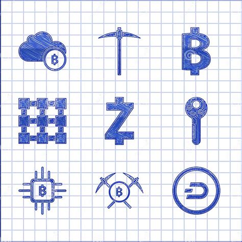 Set Cryptocurrency Coin Zcash Zec Crossed Pickaxe Dash Key Cpu Mining Farm Blockchain