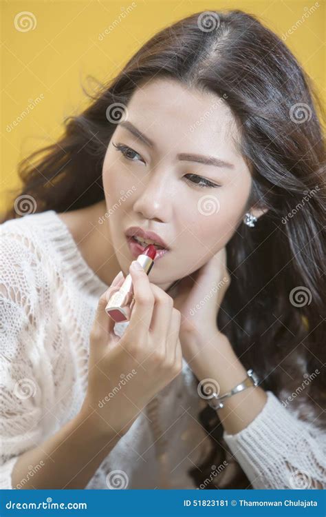 Woman Applying Lipstick On Lips Stock Image Image Of Attractive