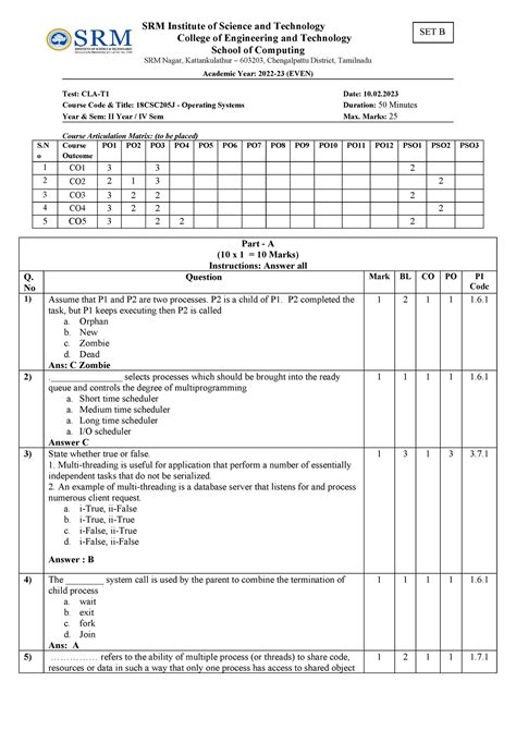 SET B CLA T1 Answerkey SRM Institute Of Science And Technology