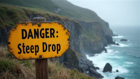 Danger Steep Drop Warning Sign On Cliff Edge Above Ocean Stock