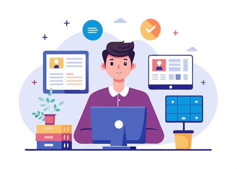 Programmer Working On Several Screens Vector Illustration Premium Ai