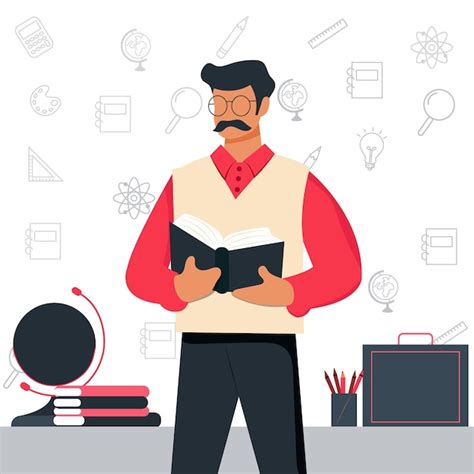 Vector Illustration Of A Teacher Standing With A Book And Reading It In