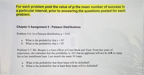 Solved Chapter 5 Assignment 2 Poisson Distributions The