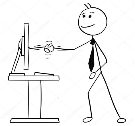 Vector Stick Man Cartoon Of Shaking His Hand With Computer Scree