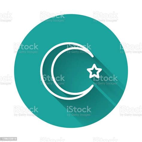 화이트 라인 스타와 초승달 긴 그림자 배경으로 고립 된 이슬람 아이콘의 상징 종교의 상징 녹색 원 버튼입니다 벡터 0명에 대한 스톡 벡터 아트 및 기타 이미지 Istock