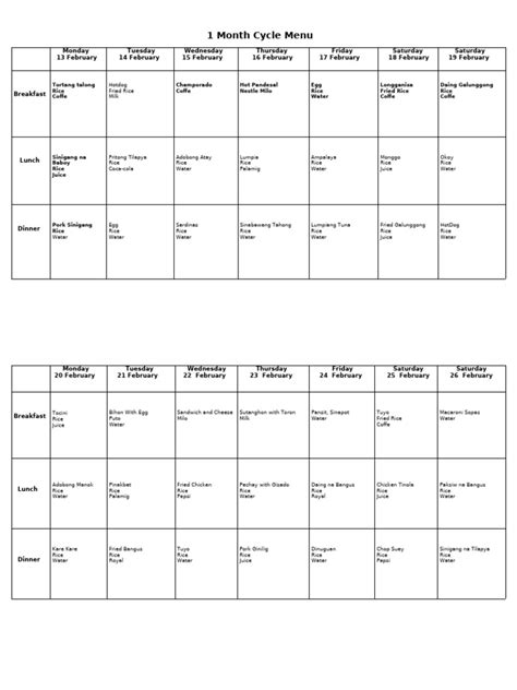 30 Days Cycle Menu Pdf Lunch Asian Cuisine