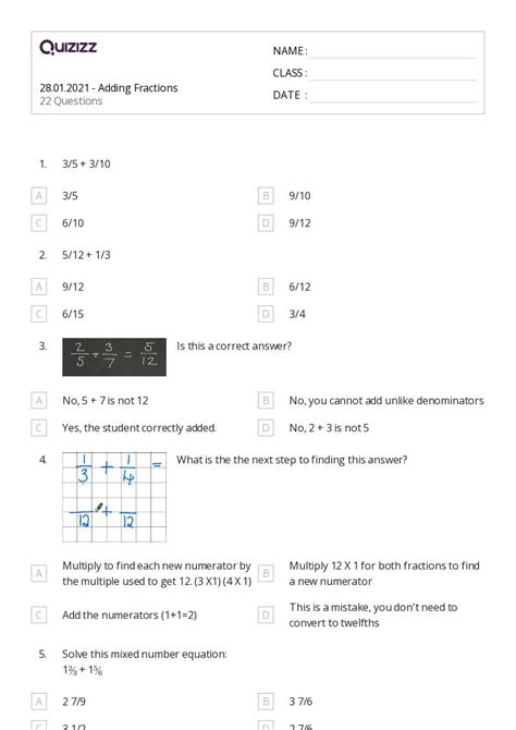 50 Adding Fractions Worksheets For 5th Year On Quizizz Free And Printable