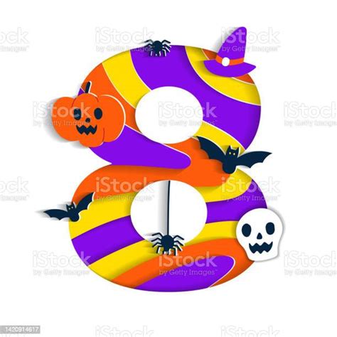 해피 할로윈 8 여덟 숫자 숫자 파티 글꼴 캐릭터 만화 무시 무시한 공포 다채로운 3d 레이어 종이 컷 아웃 유형 디자인 축하 벡터 일러스트 레이 션 해골 호박 박쥐 마녀