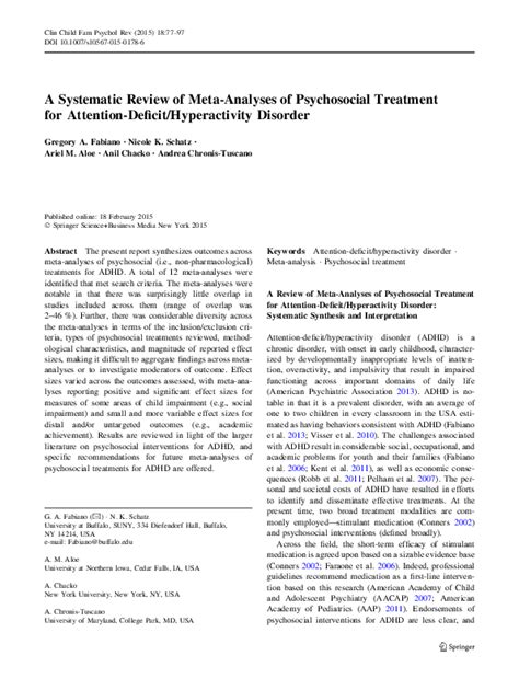Pdf A Systematic Review Of Meta Analyses Of Psychosocial Treatment For Attention Deficit