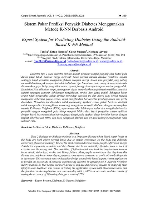 Pdf Sistem Pakar Prediksi Penyakit Diabetes Menggunakan Metode K Nn Berbasis Android