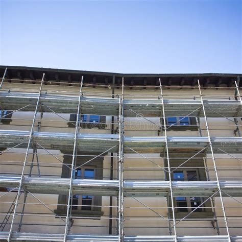 Metal Scaffolding On A Construction Site Built With Prefabricated