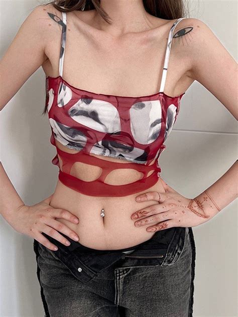 Emmiol Free Shipping 2025 Cutout Patchwork Mesh Crop Cami Top Red S In