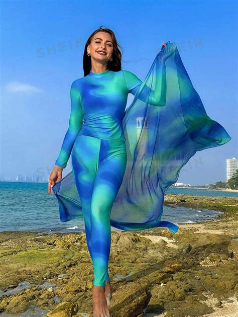 SHEIN Swim Mulvari ชดบกนสามชน สำหรบ สภาพสตร เสอบกนสายเสอกกไลระดบสนำเงน