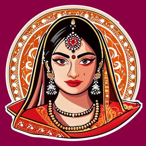 Schöne Indische Braut Saree Porträt Handgezeichnete Cartoon Aufkleber Symbol Konzept Isolierte