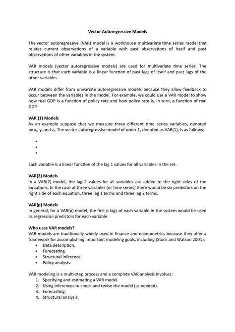 Vector Autoregressive Models Var Models Vector Autoregressive Models Are Used For