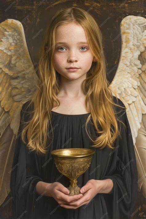 Premium Photo Serene Young Girl With Angel Wings Holding A Golden
