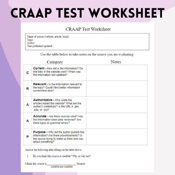 CRAAP Test Worksheet By Books With Brynn TPT