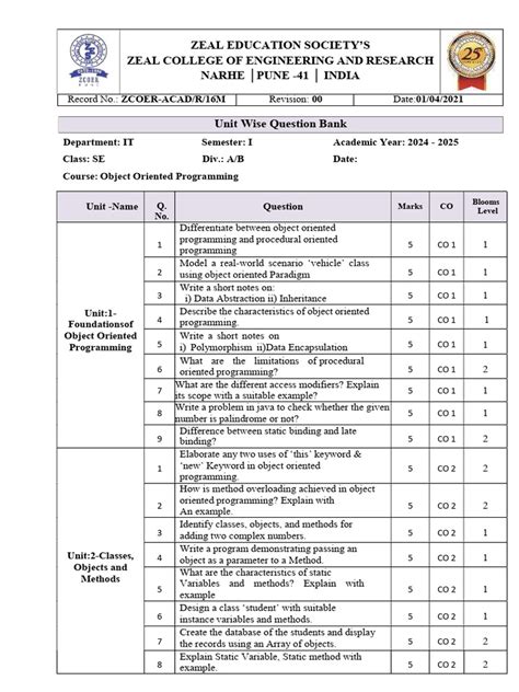 Sppu Se It Unitwise Quation Bank Oop Pdf Method Computer Programming Programming