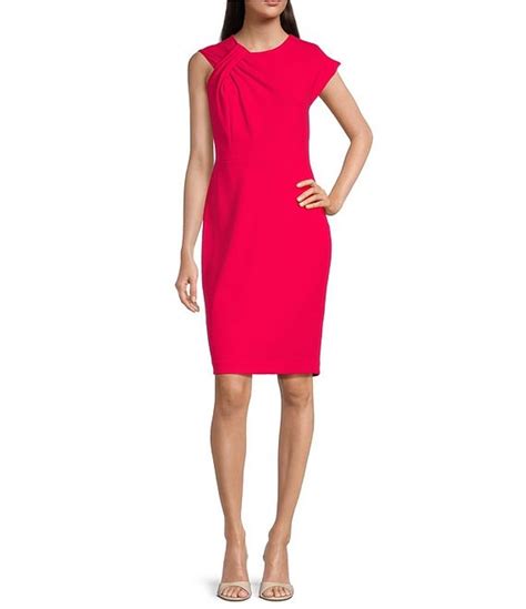 Calvin Klein Short Sleeve Asymmetrical Neck Scuba Crepe Sheath Dress