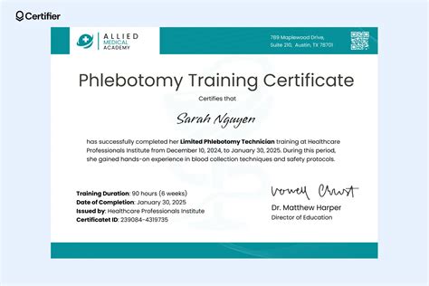 Phlebotomy Certificate Templates Free And Customizable