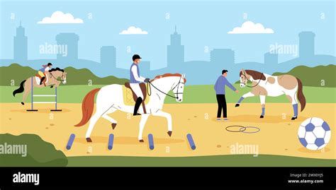 Equestrian Sports Flat Background With People Training Horses