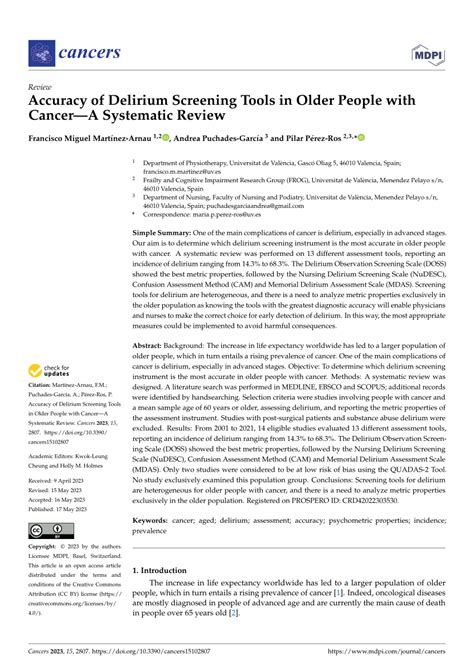 Pdf Accuracy Of Delirium Screening Tools In Older People With Cancer A Systematic Review