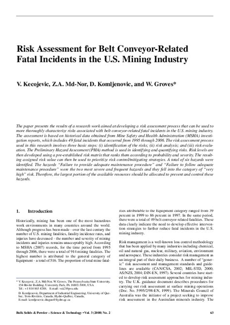 Pdf Risk Assessment For Belt Conveyor Related Fatal Incidents In The Us Mining Industry