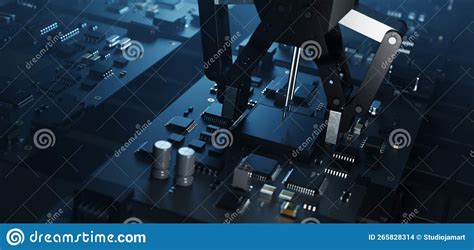 A Robotic Arm Assembles Chips On A Circuit Board Stock Illustration