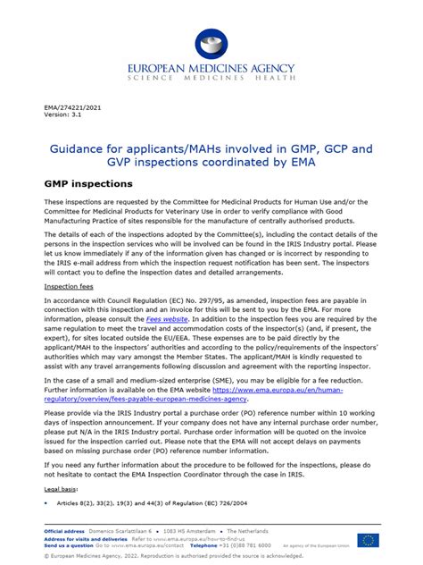 Guidance Applicantsmahs Involved Gmp Gcp And Gvp Inspections Coordinated Ema En Pdf
