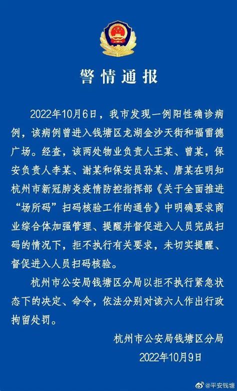 杭州两商场未落实进入人员扫码核验 6人被行拘人员杭州