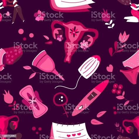 페미니즘 생리 개념 원활한 Edndless 패턴 자궁 자궁 자궁여성 난소질 기호 생리 혈액 팬티 생리 패드 탐폰 재사용 가능한 컵을 가진 여성 기간 플랫 벡터 일러스트레이션