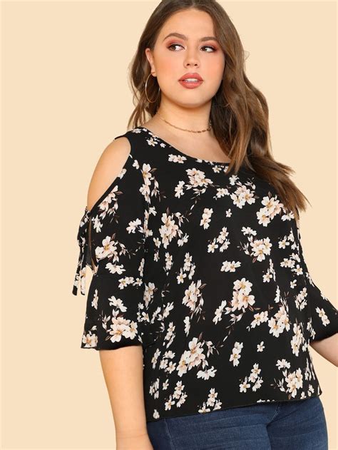 Shein Plus Open Shoulder Ditsy Floral Print Top Dress Clothes For