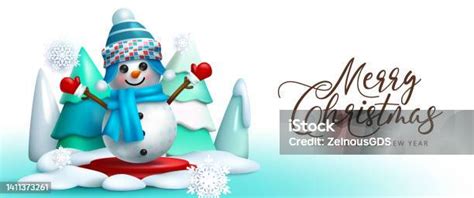 크리스마스 눈사람 인사말 벡터 디자인 메리 크리스마스 타이포그래피 텍스트와 귀엽고 행복한 눈 남자 캐릭터와 겨울 휴가 시즌을위한 전나무 야외 요소 3차원 형태에 대한 스톡