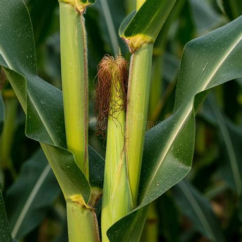 Close Up Of A Corn Zea Mays Plant In A Field Featuring Green Stalks