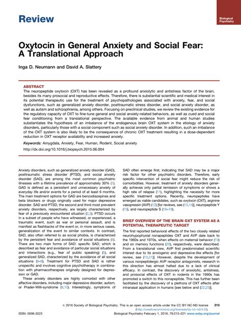 Pdf Oxytocin In General Anxiety And Social Fear A Translational Approach