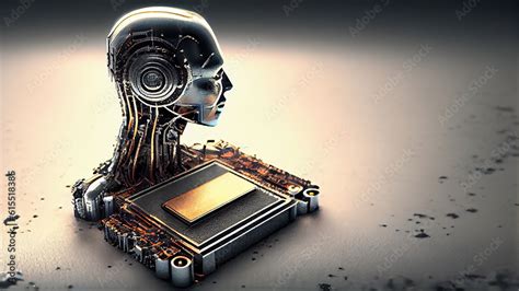 Electronic Brain Or Intellect The Head Of A Humanoid Robot Growing From A Microprocessor On An