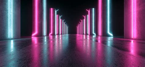 네온 불빛 그래픽 빛나는 보라색 블루 활기찬 가상 공상 과학 Fi 미래 터널 스튜디오 무대 건설 차고 연단 우주선 밤 어두운 콘크리트 그런 지 3d 렌더링 0명에 대한 스톡
