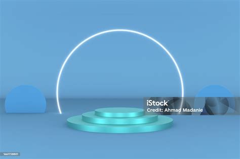 제품 배경 단계 또는 연단을 위한 3d 플랫폼 파란 색깔 및 반지 원형 네온 백색 색깔을 가진 빈 전시 플랫폼 3d