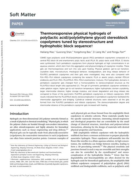 Pdf Thermoresponsive Physical Hydrogels Of Polylactic Acidpolyethylene Glycol Stereoblock