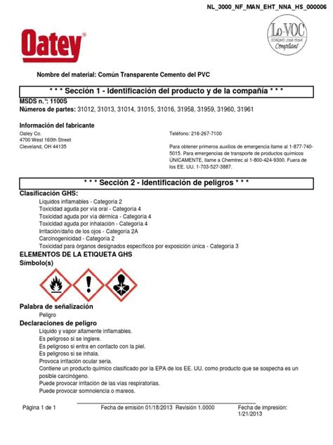 Msds Pegamento Pvc Oatey Pdf Combustión Agua