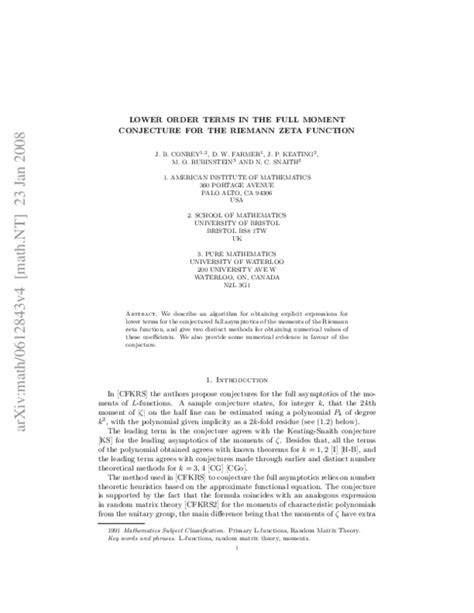 Pdf Lower Order Terms In The Full Moment Conjecture For The Riemann