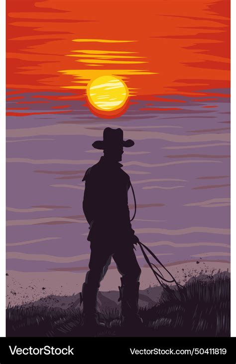 Cowboy Silhouette Against A Blazing Sunset Hand Vector Image