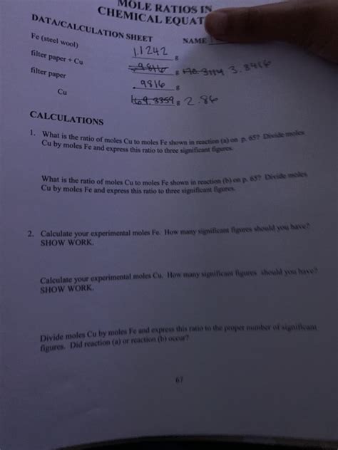 Solved Ole Ratios In Chemical Equat Datacalculation Sheet