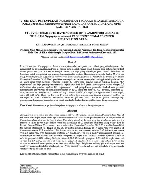 Abstrak Kappaphycus Alvarezii Is One Of Seaweed Species Cultivated By