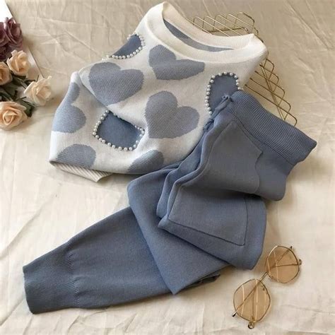 Korean Summer Love Printed Knitted 2 Peice Set Women Short Sleeve