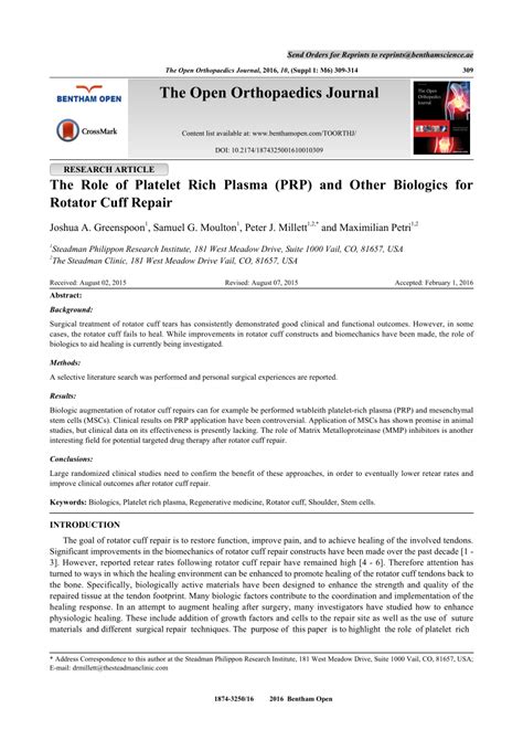 Pdf The Role Of Platelet Rich Plasma Prp And Other Biologics For