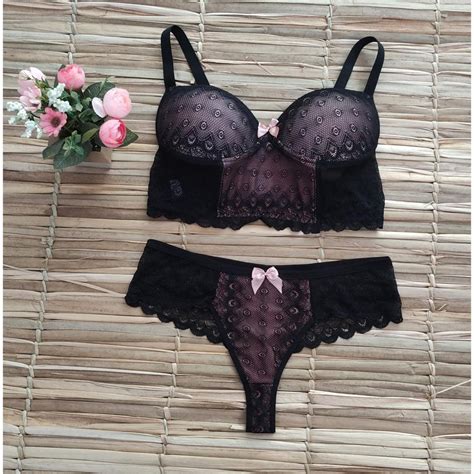 Conjunto Rendado Com Bojo E Calcinha Fio Dental Plus Size Sensual