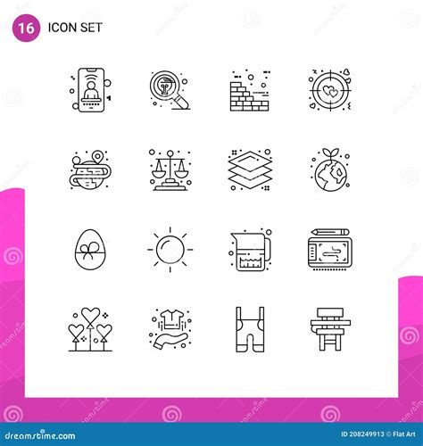 Set Of 16 Vector Outlines On Grid For Globe Creative Thinking Target Heart Stock Vector