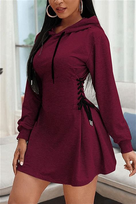 Fashion Casual Hoodie Bandage A Line Dress Wine Red M Hooded